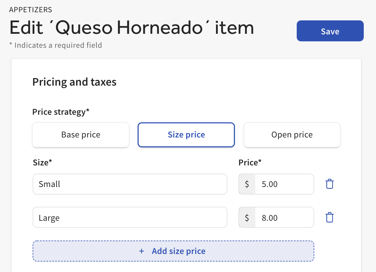 Setting Base Prices, Size Pricing, and Open Pricing in the Menu Builder