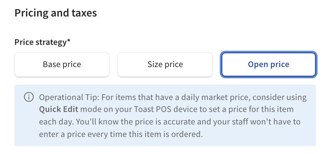 Setting Base Prices, Size Pricing, and Open Pricing in the Menu Builder