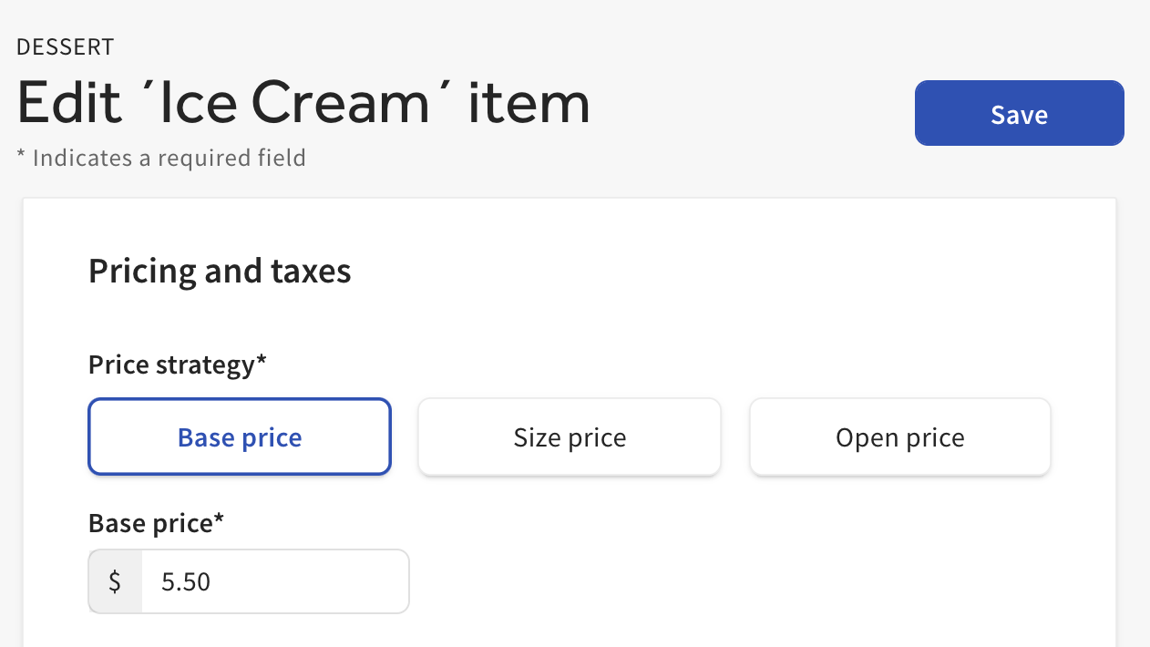 Setting Base Prices, Size Pricing, and Open Pricing in the Menu Builder