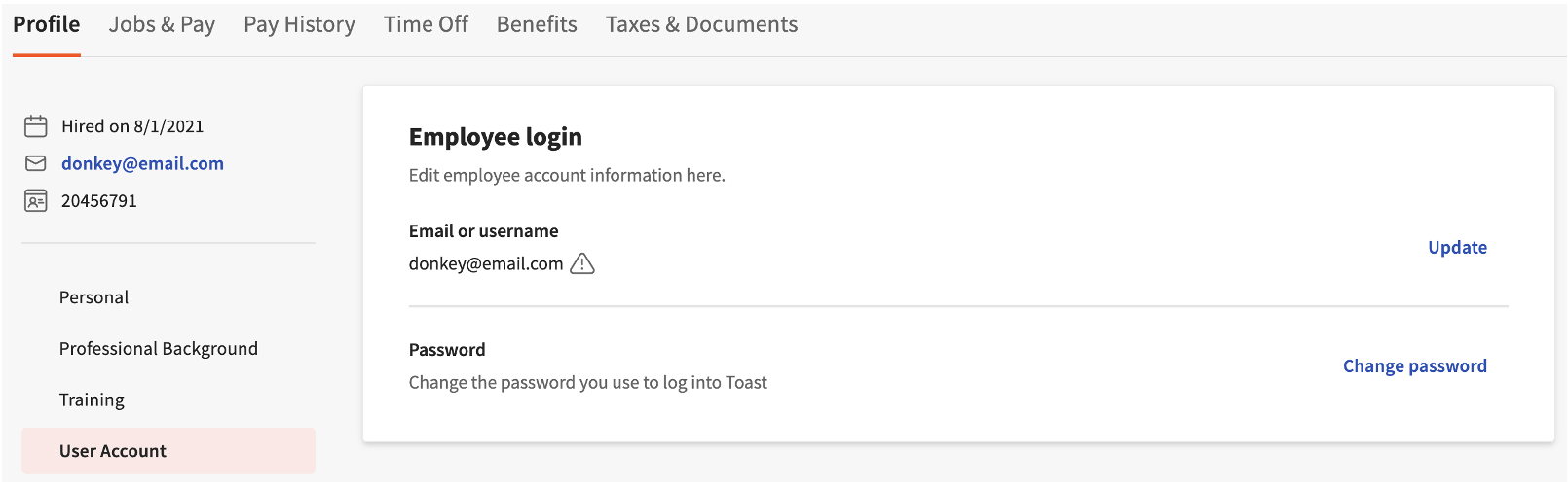 Toast Payroll: Change Employee Email Address and Password