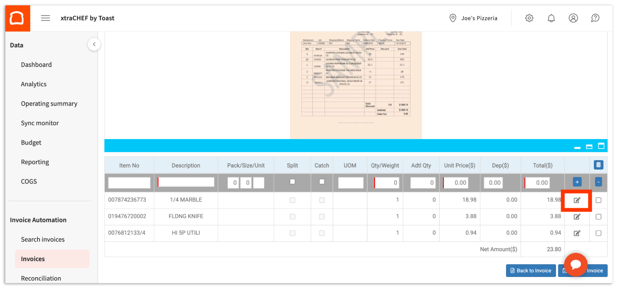xtraCHEF: Editting Invoice Line Items