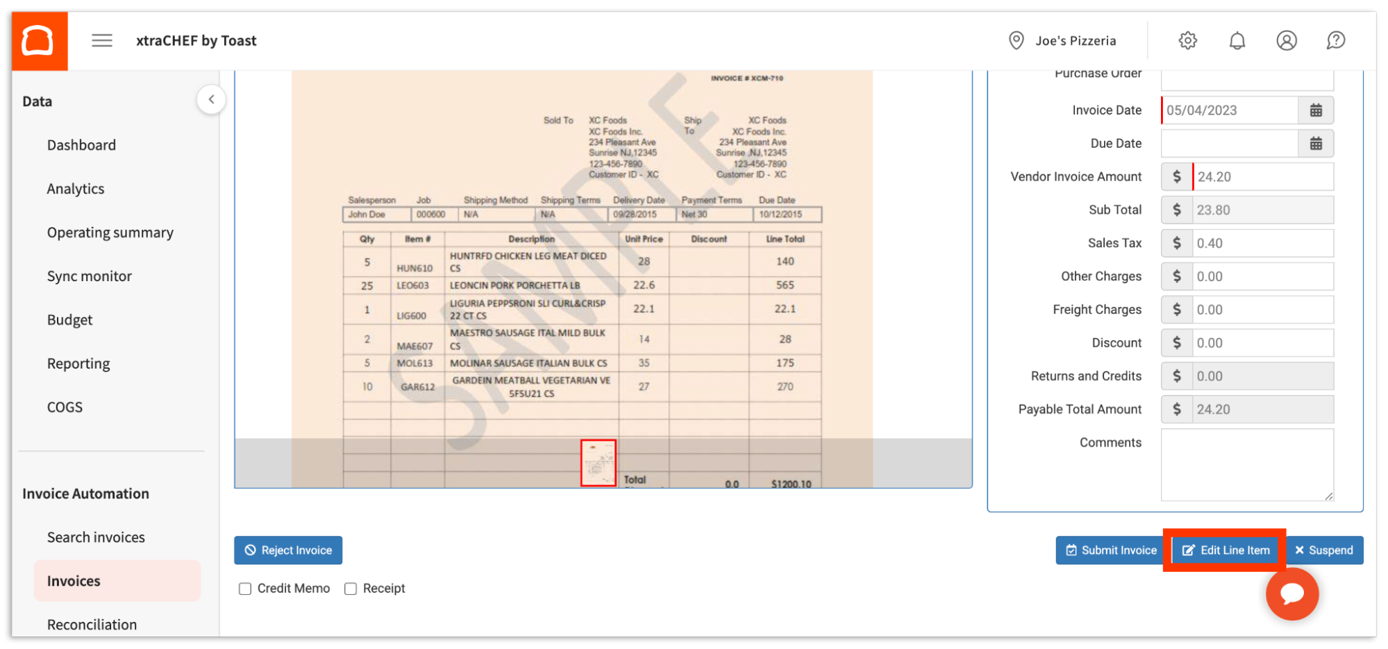 xtraCHEF: Editting Invoice Line Items