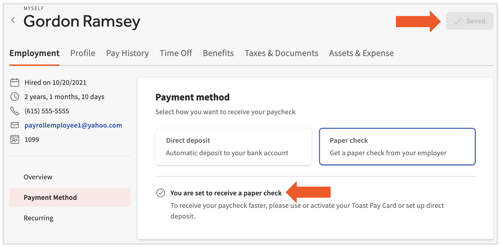 Toast Payroll: Set a Payment Method