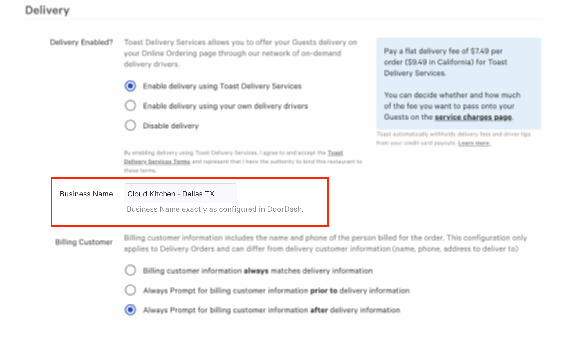 What's my restaurant's name in Toast Delivery Services?