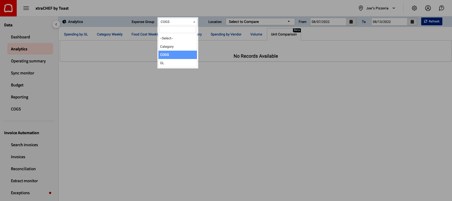 xtraCHEF: Analytics - Unit Comparison