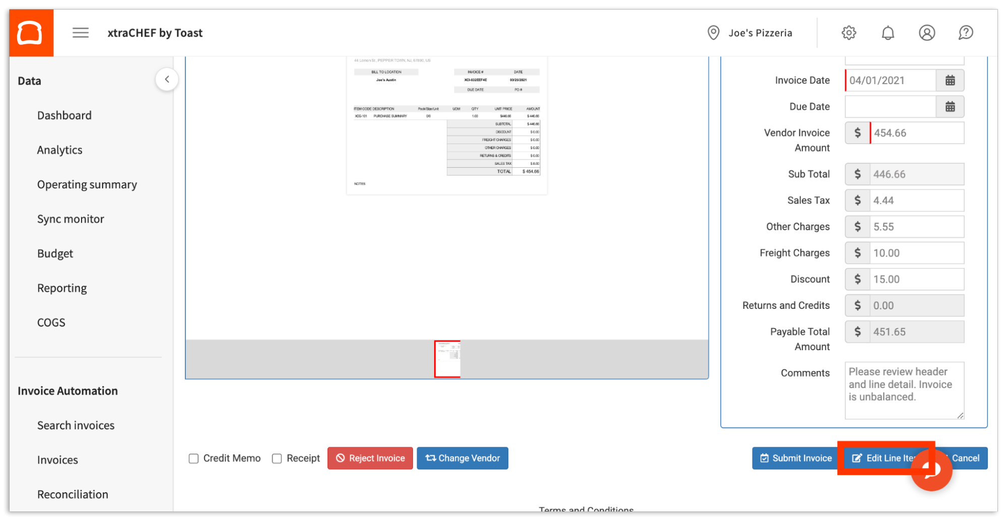 xtraCHEF: Editting Invoice Line Items