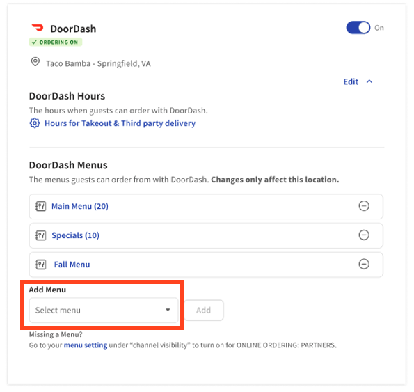 DoorDash Third Party Ordering Configuration Page