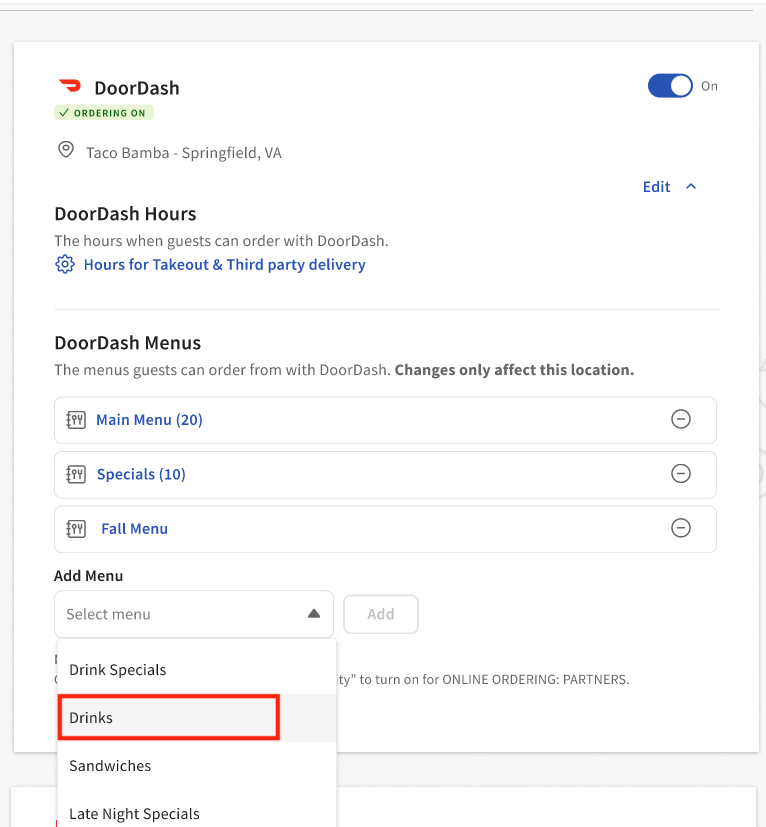 DoorDash Third Party Ordering Configuration Page