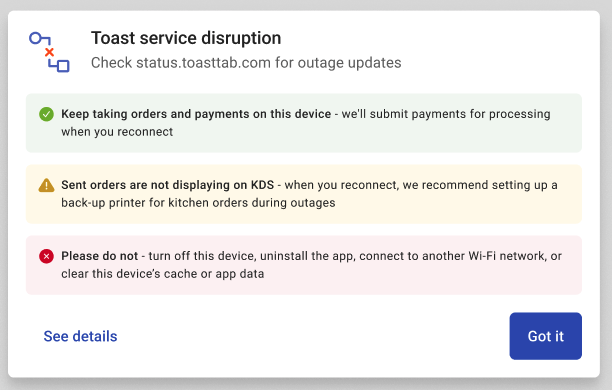 Outages and Disruptions: Use Toast During a Service Disruption