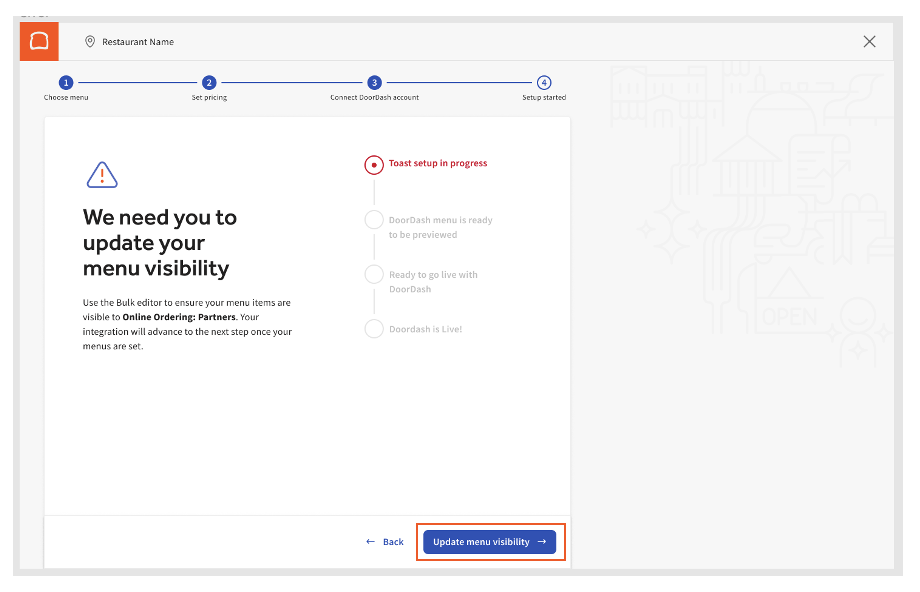 Error message example of action required in Toast Web.
