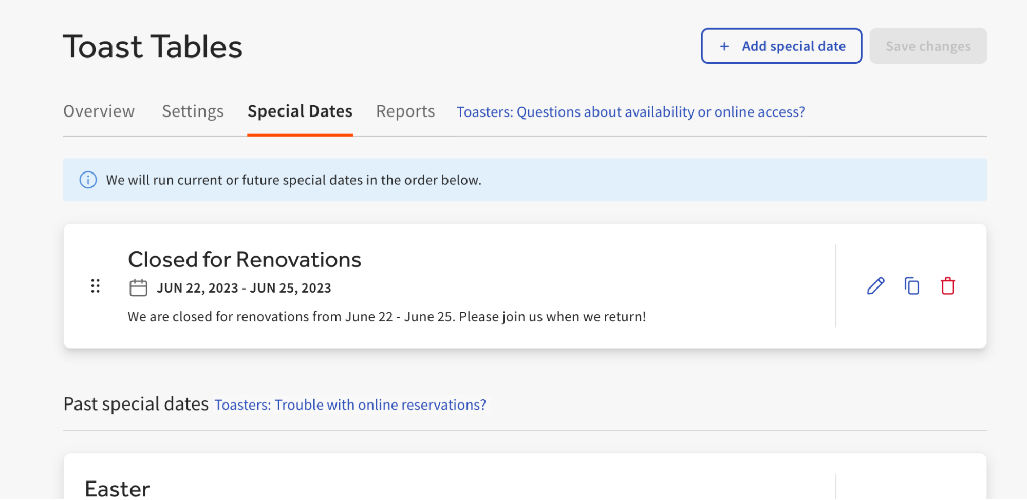 Toast Tables: Set Special Dates and Block Reservations