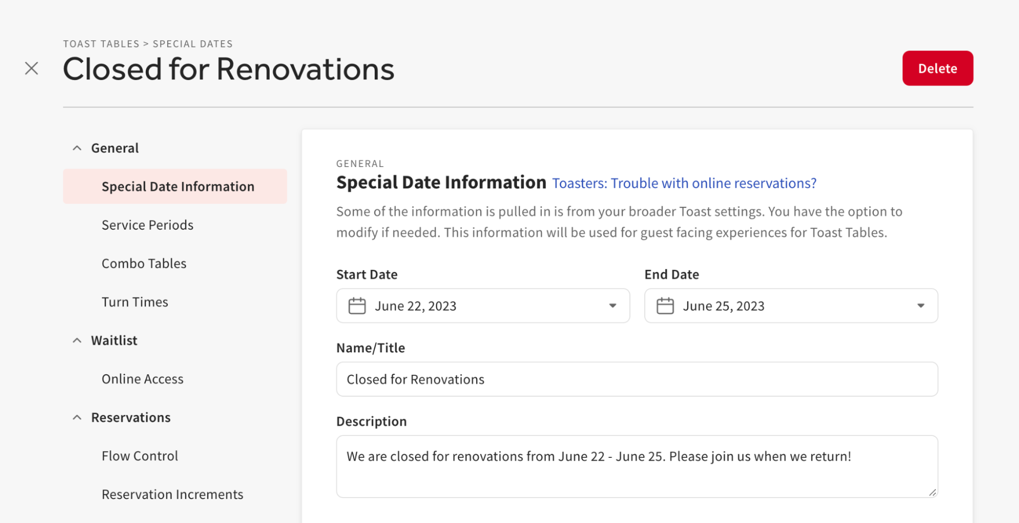 Toast Tables: Set Special Dates and Block Reservations