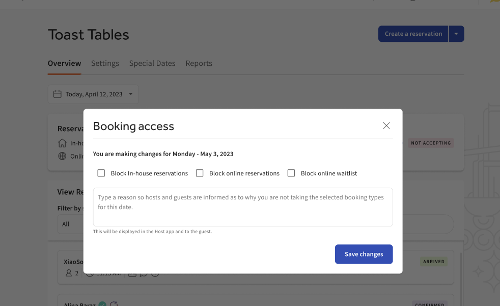 Toast Tables: Set Special Dates and Block Reservations