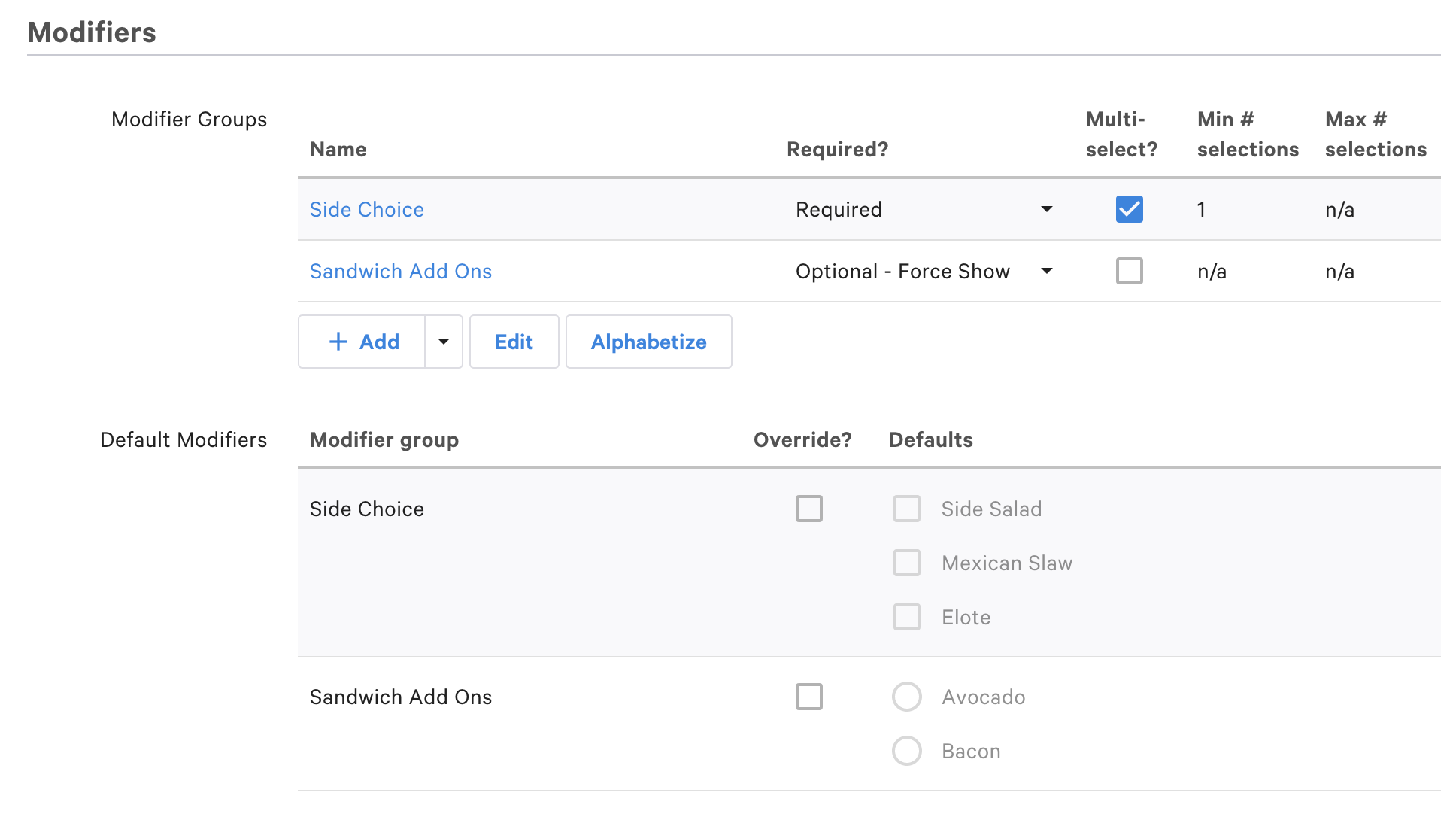 Modifier Groups and Modifier Options
