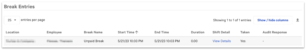 Break Entries report with the following columns: location, employee ...