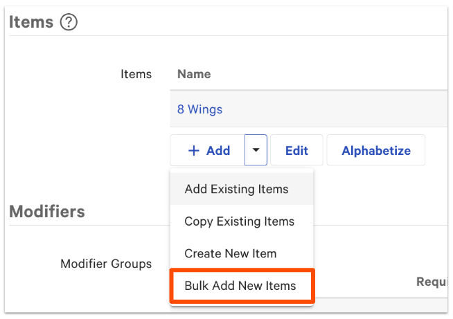 Bulk Add Items, Modifier Groups, and Modifiers