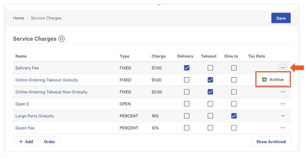 Service charge section of Toast Web highlighting how to archive a ...