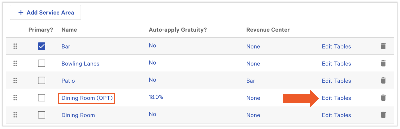 Service area selections in Toast Web.