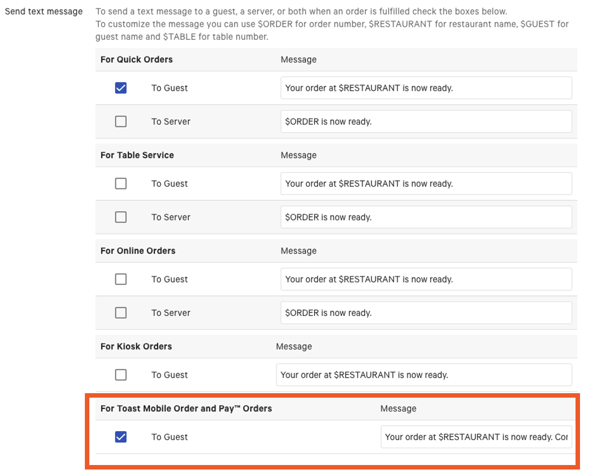 Toast Mobile Order & Pay®Text Fulfillment