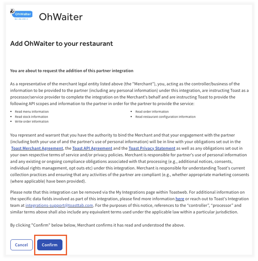 Get Started with the OhWaiter Integration