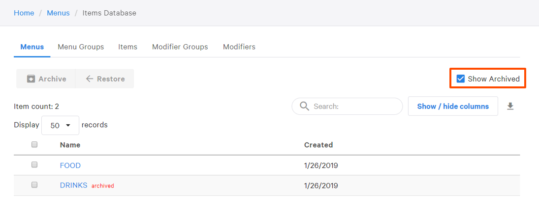 Using the Items Database to View, Archive, Restore and Version Menus