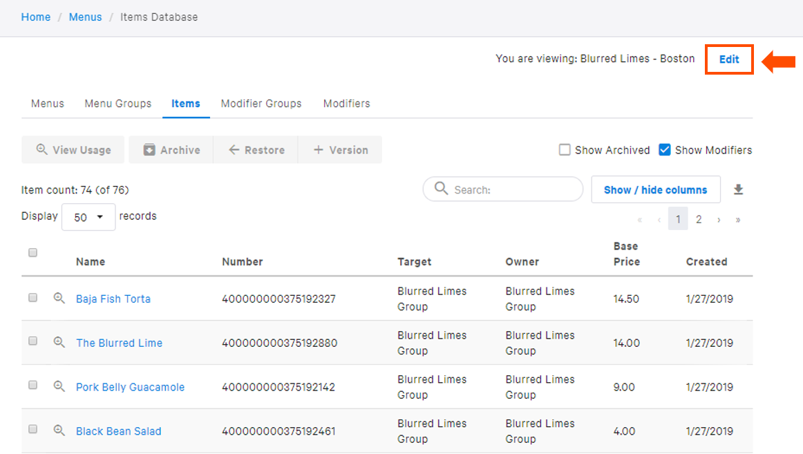Using the Items Database to View, Archive, Restore and Version Menus