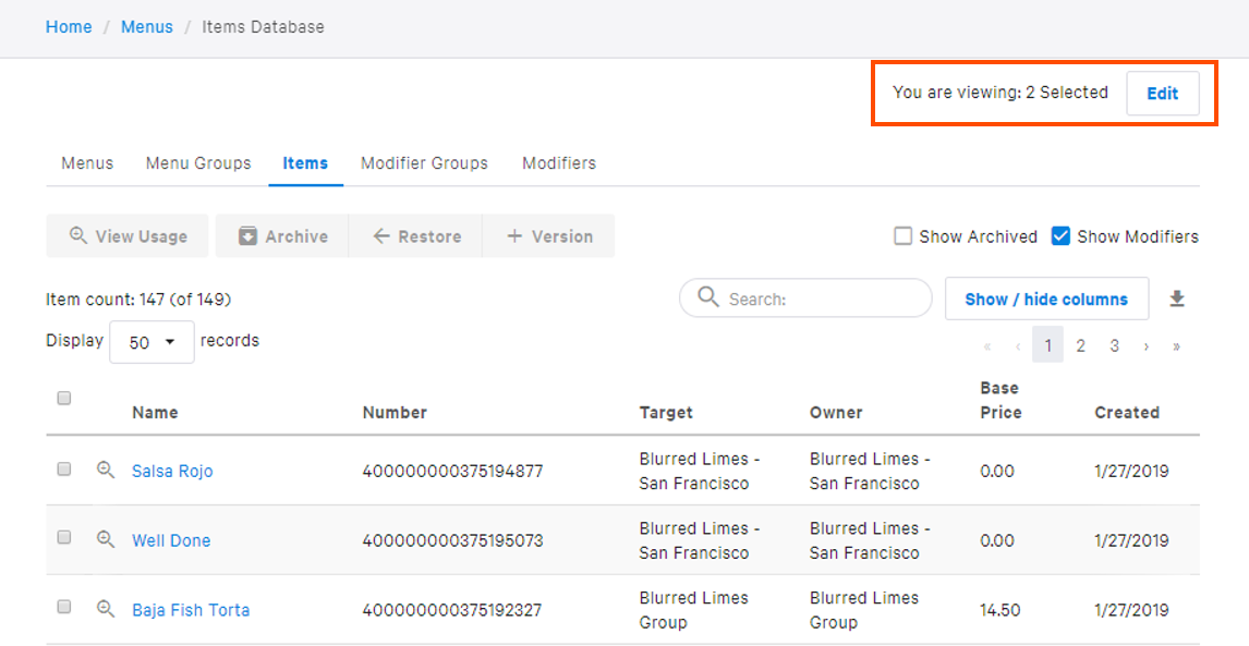 Using the Items Database to View, Archive, Restore and Version Menus