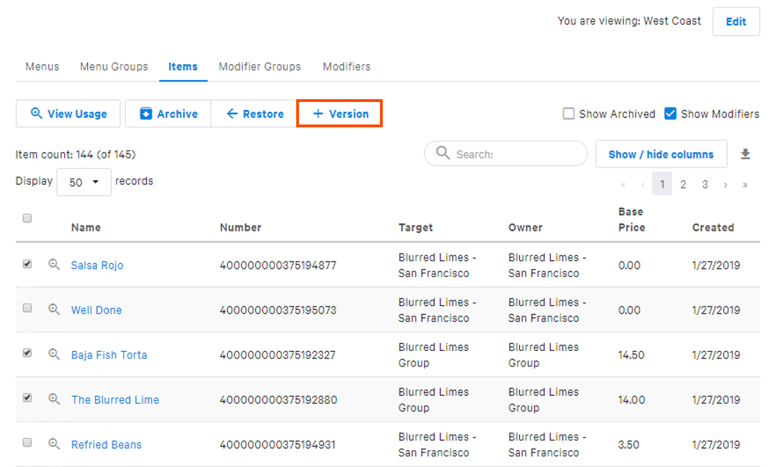 Using the Items Database to View, Archive, Restore and Version Menus