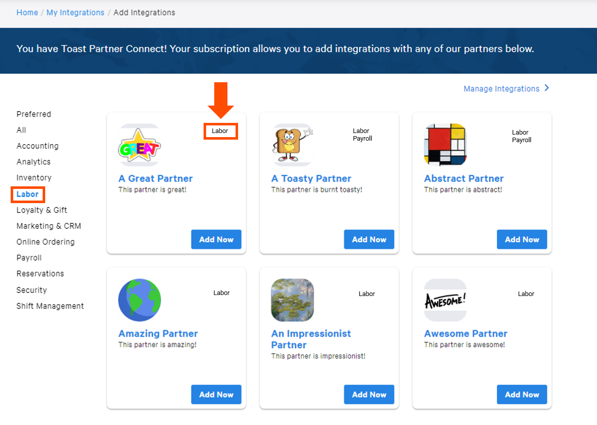 Adding or Removing an Integration with Toast Partner Connect