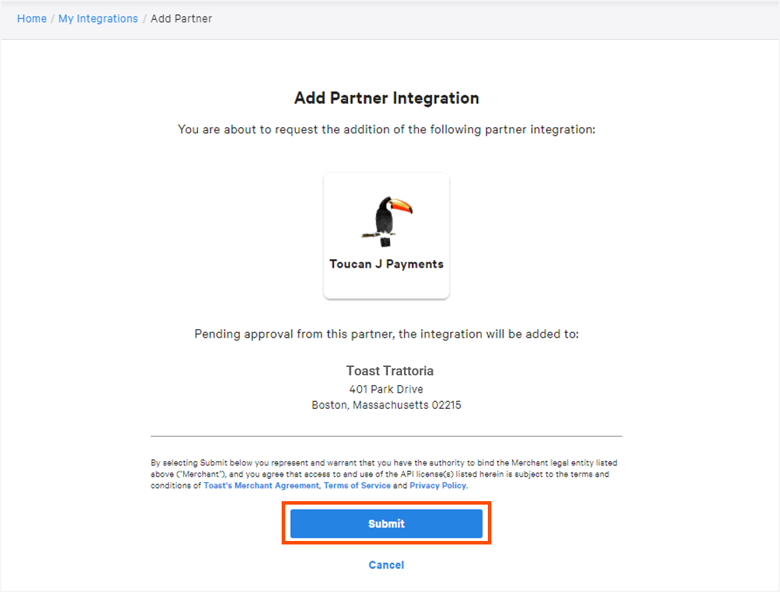 Adding or Removing an Integration with Toast Partner Connect