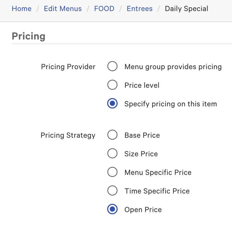 Creating an Open Item or Open Priced Menu Item