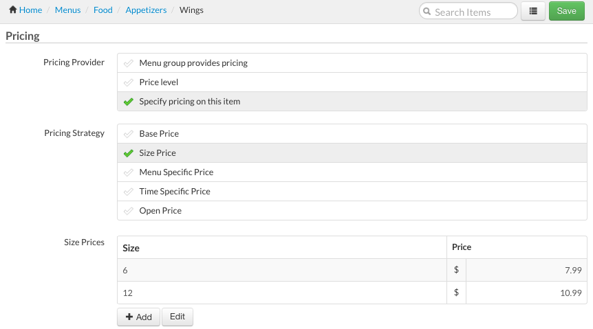Time Pricing, Size Pricing, Group Pricing and Item Pricing