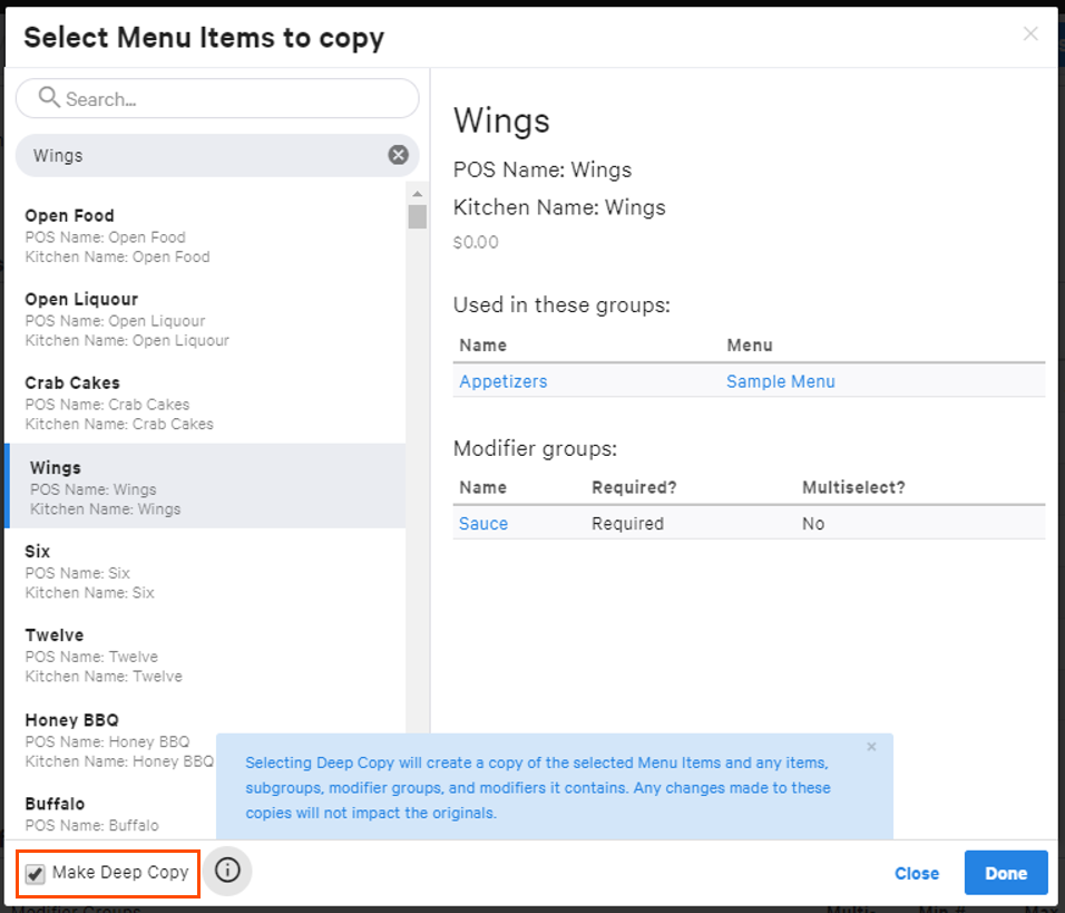 Adding/Copying Menu Items and Modifiers