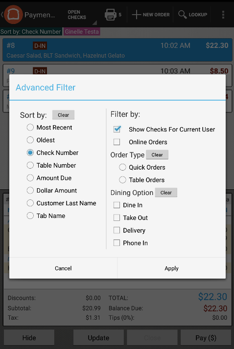 Viewing Check Status and Filtering Checks Shown on Device