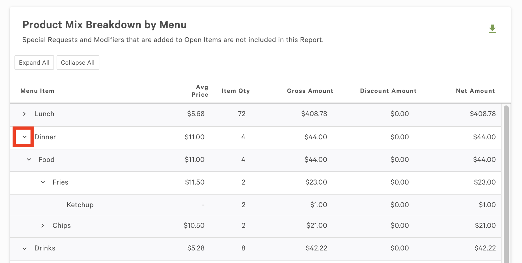 Menu Reports Overview