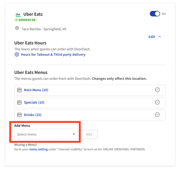 Uber Eats Third Party Ordering Configuration Page