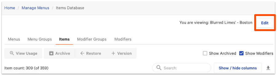 Use the Items Database to View and Manage Menus