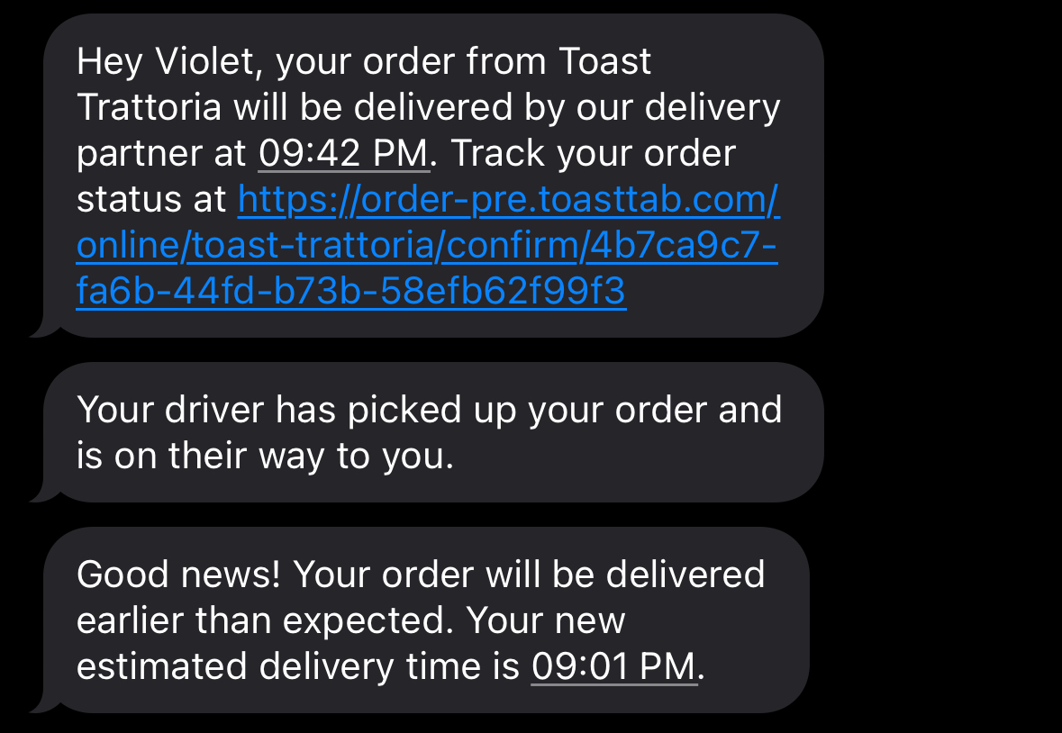 Toast Delivery Services Order Status SMS Texts