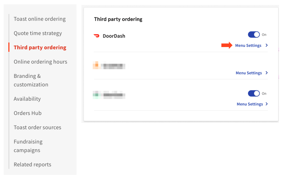 DoorDash Third Party Ordering Configuration Page