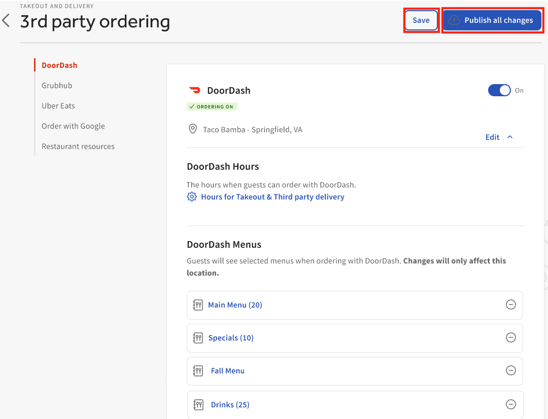 DoorDash Third Party Ordering Configuration Page