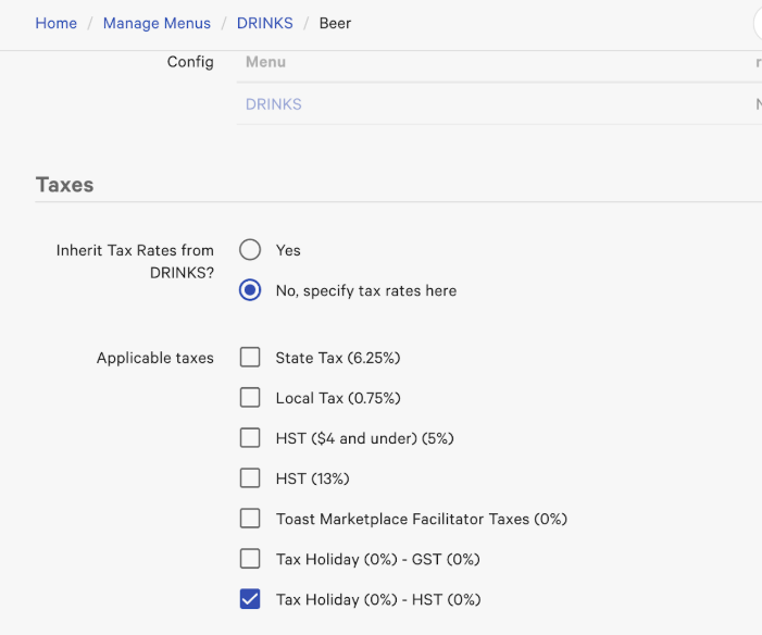Configure Temporary Tax Rates