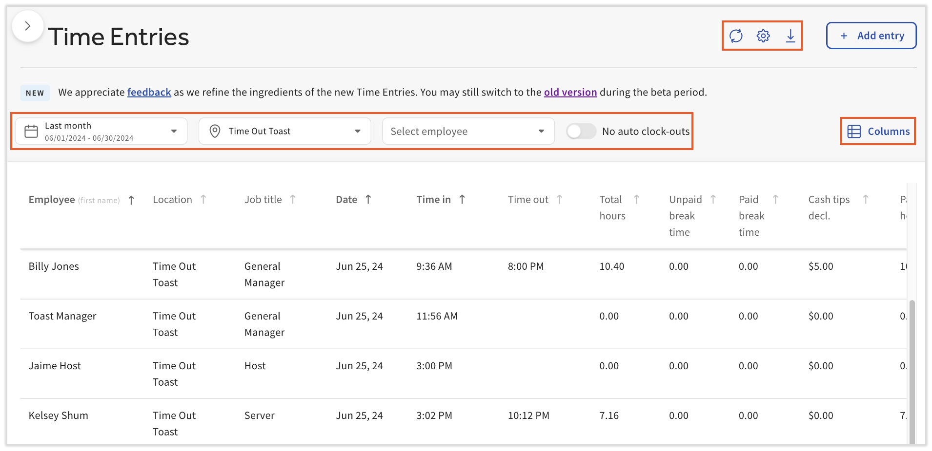Edit Employee Time Clock Entries