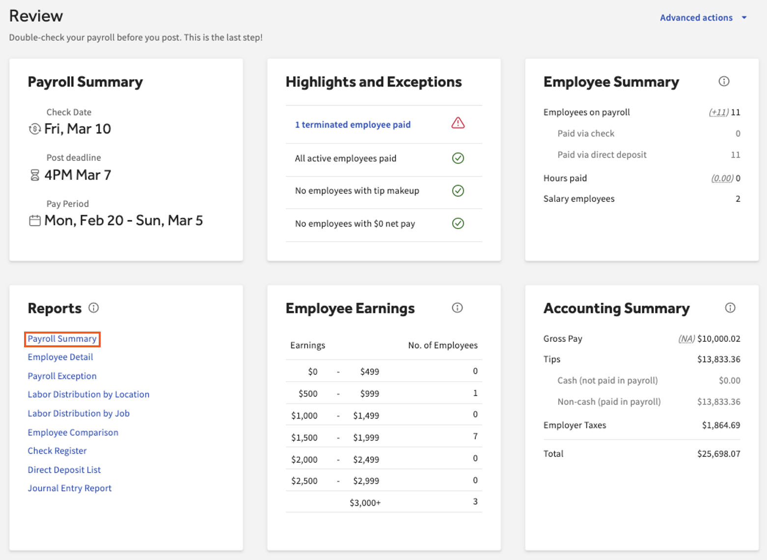 Toast Payroll: Payroll Summary Report