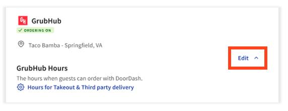 Grubhub Third Party Ordering Configuration Page