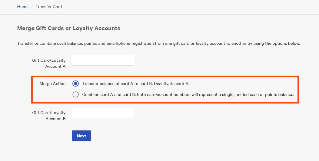 Transfer a Gift Card Balance