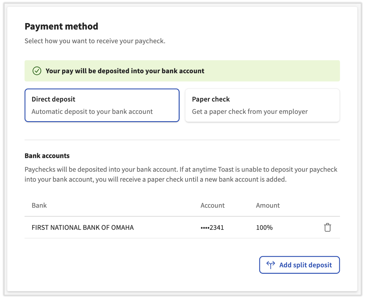 Toast Payroll: Set a Payment Method