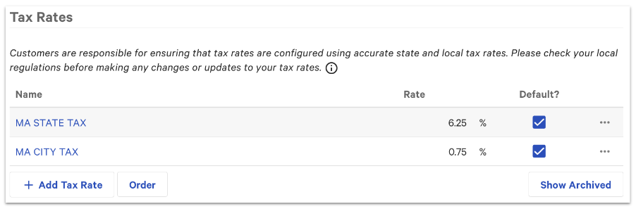 Tax Rates setup page showing table of tax rates with columns