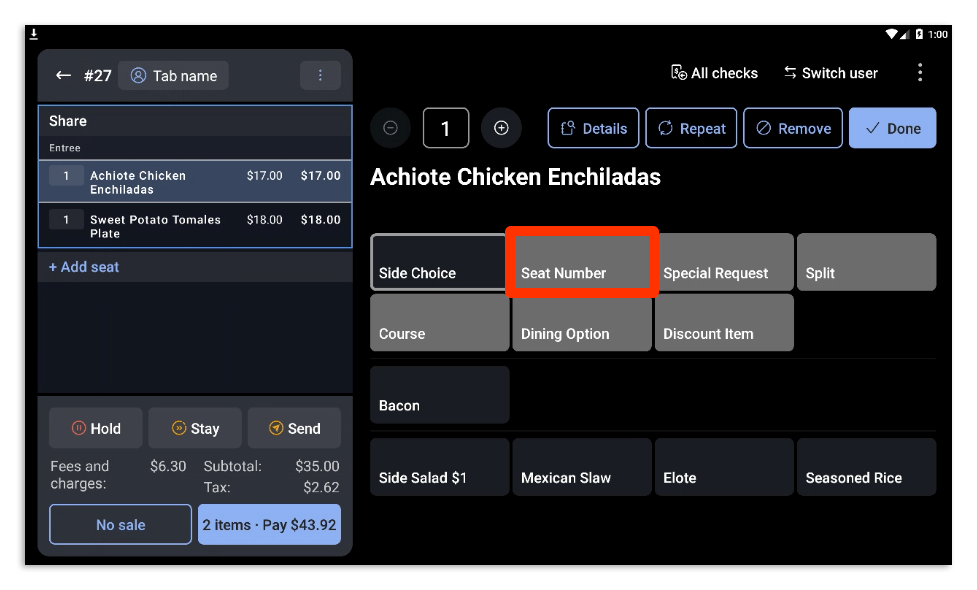 Enable Seat Numbers and Party Sizes for POS Orders