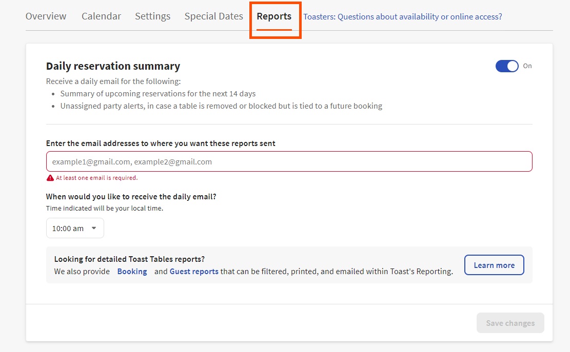 Toast Tables: Reports