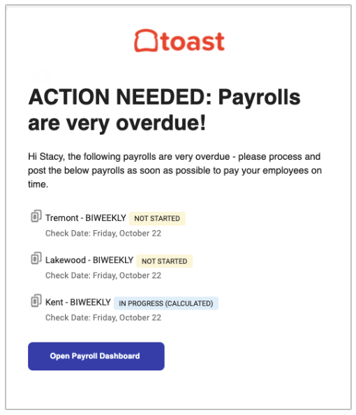 Toast Payroll: Payroll Due Notifications